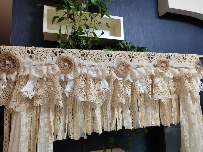 Custom Rustic Unique Burlap Beige Lace Valance Burlap Ivory White Lace ...