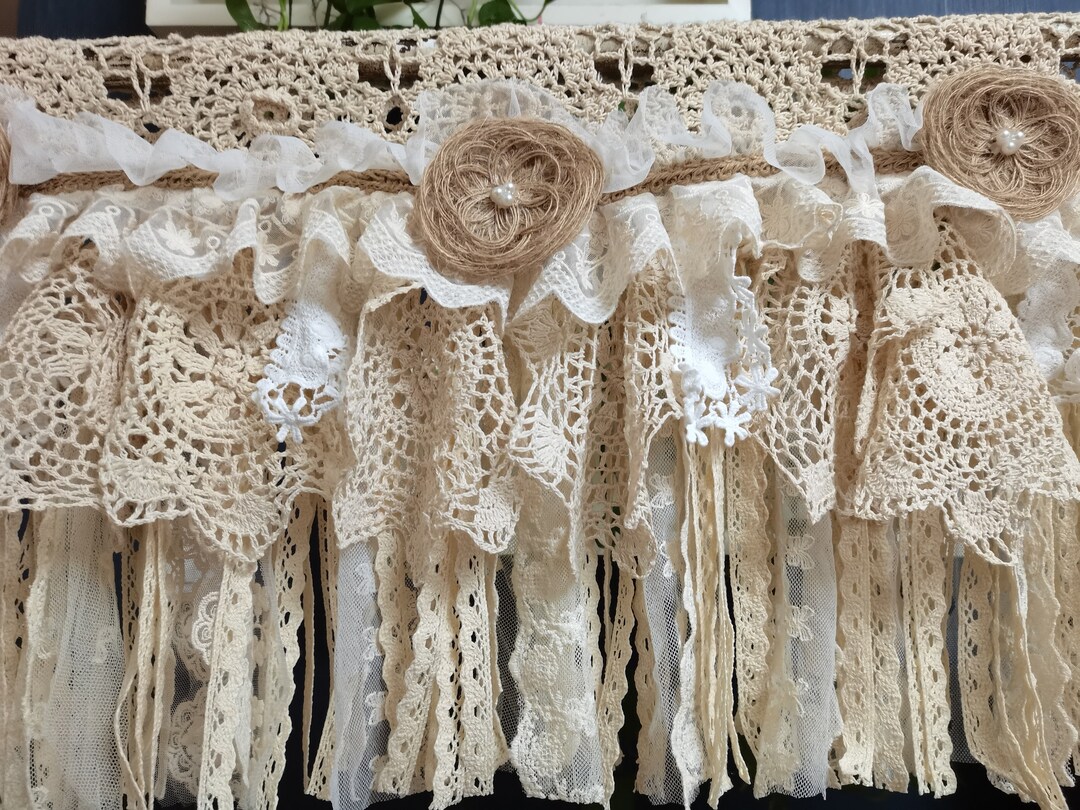 Custom Rustic Unique Burlap Beige Lace Bedroom Valance Burlap Window Kitchen Curtain Shabby ...
