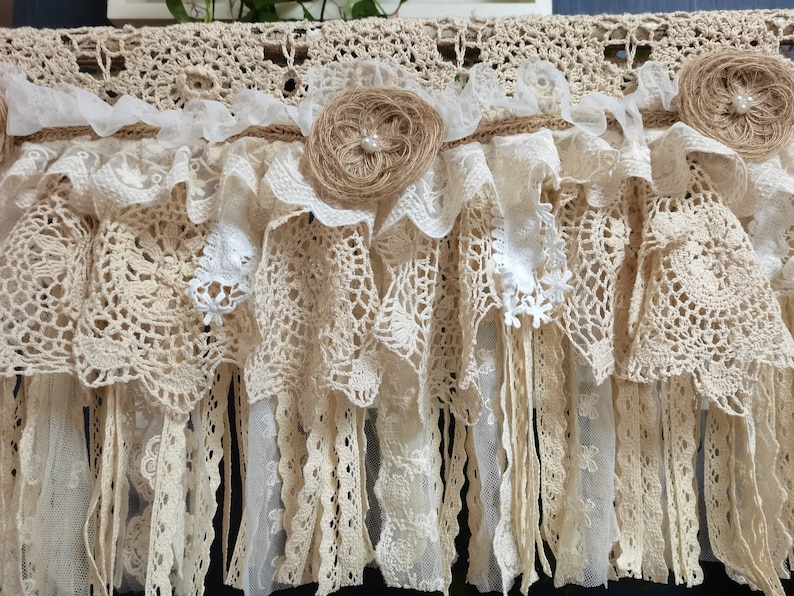 Custom Rustic Unique Burlap Beige Lace Valance Burlap Ivory White Lace ...