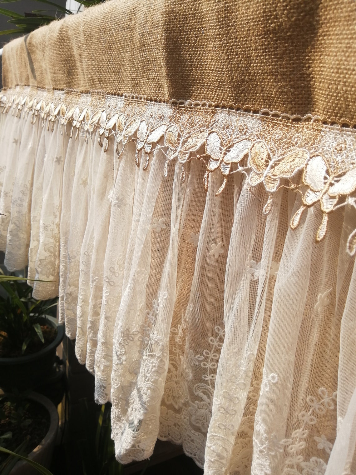 Romantic Lace Curtain Rustic burlap Kitchen Valance Burlap | Etsy