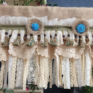 Custom Rustic Unique Burlap Beige Blue Lace Bedroom Valance Burlap ...