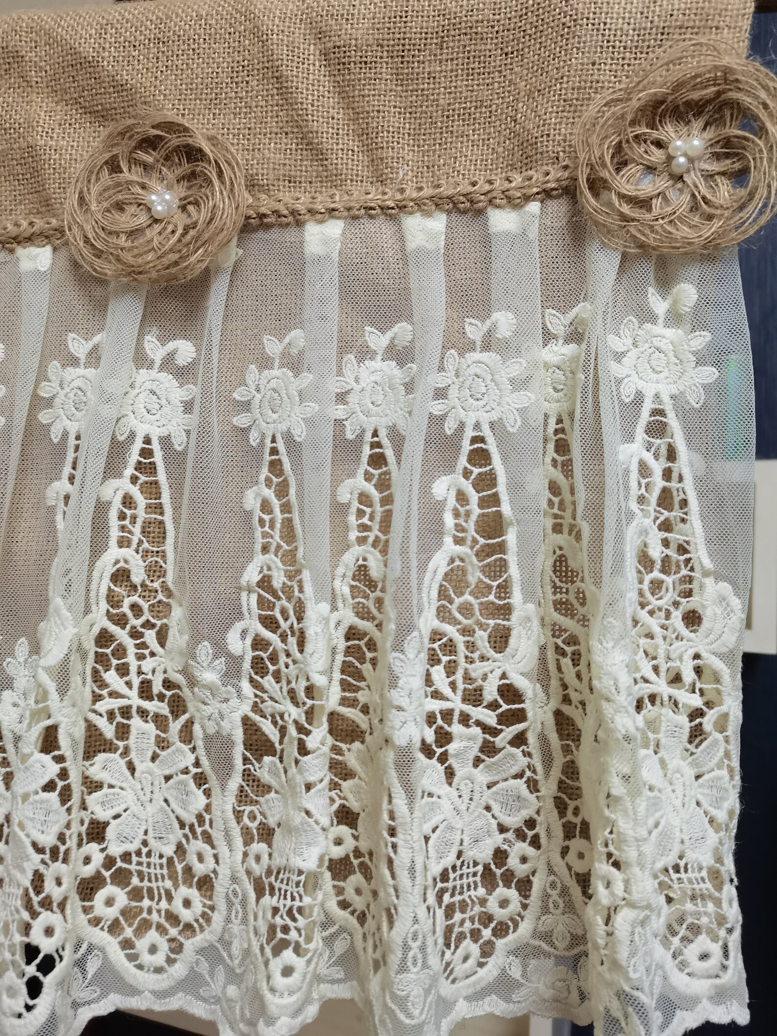 Custom Cream Lace Curtain Valance Rustic Burlap Cream Lace Kitchen ...