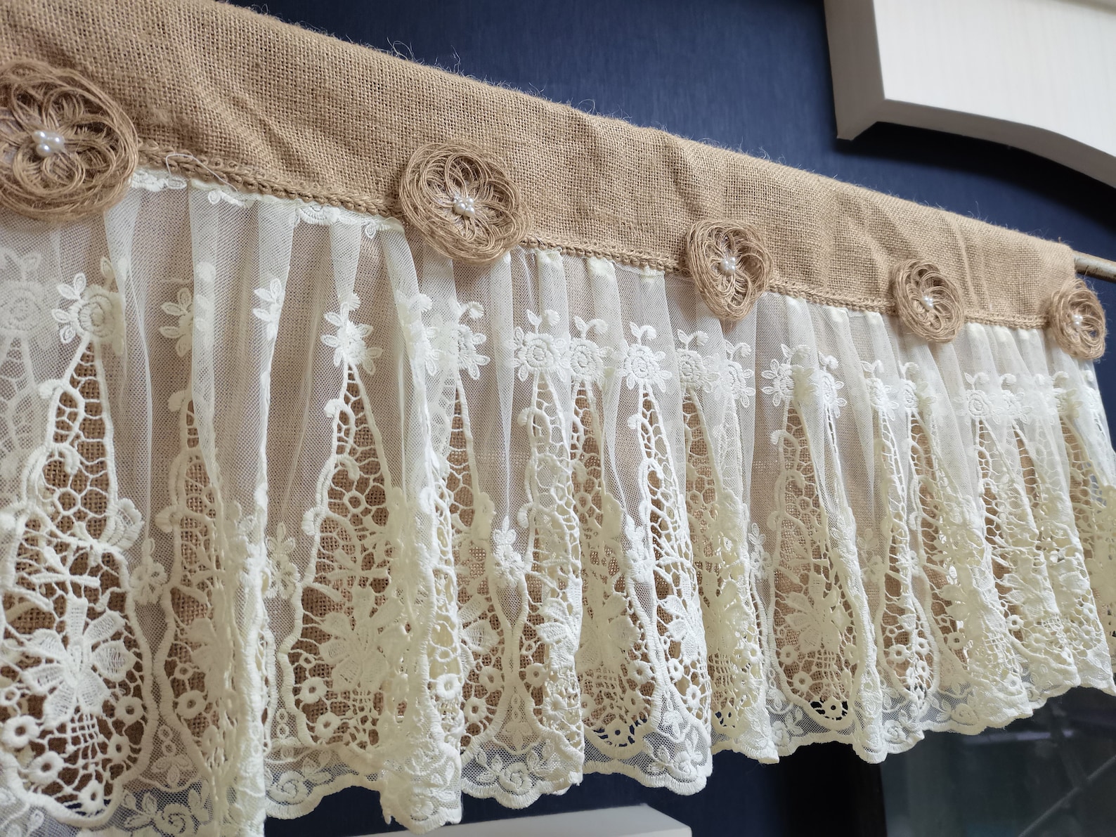 Custom Cream Lace Curtain Valance Rustic Burlap Cream Lace Kitchen ...