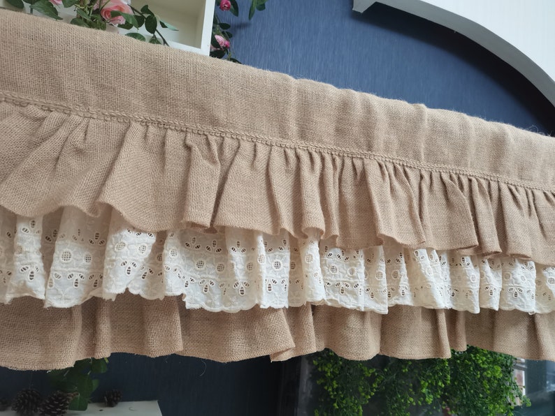 Custom Burlap Ruffled Curtain Rustic Burlap Lace Kitchen Valance Burlap ...