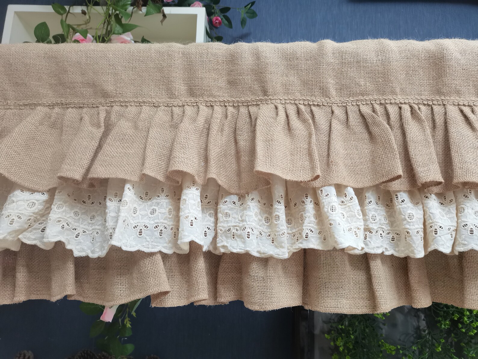 Custom Burlap Ruffled Curtain Rustic Burlap Lace Kitchen Valance Burlap ...