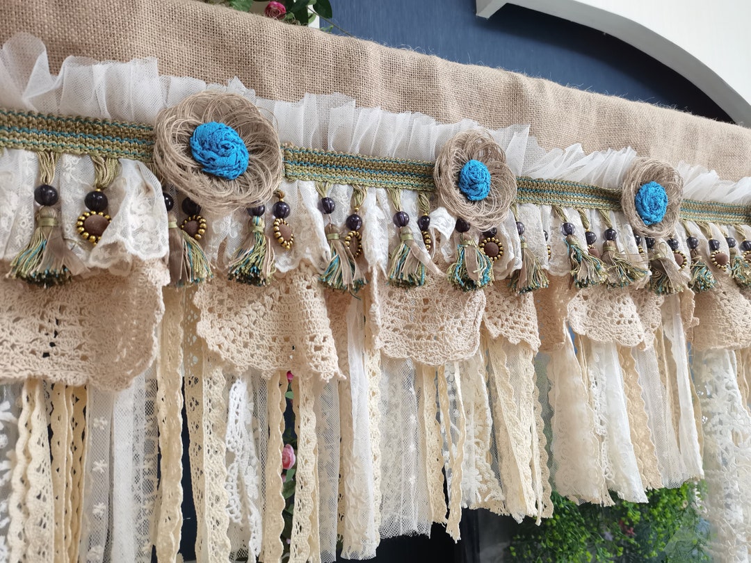 Custom Rustic Unique Burlap Beige Blue Lace Bedroom Valance Burlap Window Kitchen Swag Curtain ...
