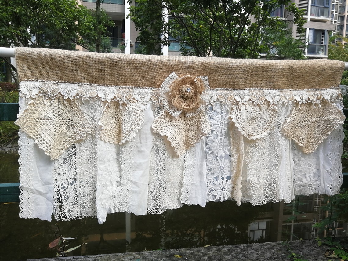 Romantic Lace Curtain Rustic Burlap Kitchen Valance Burlap - Etsy