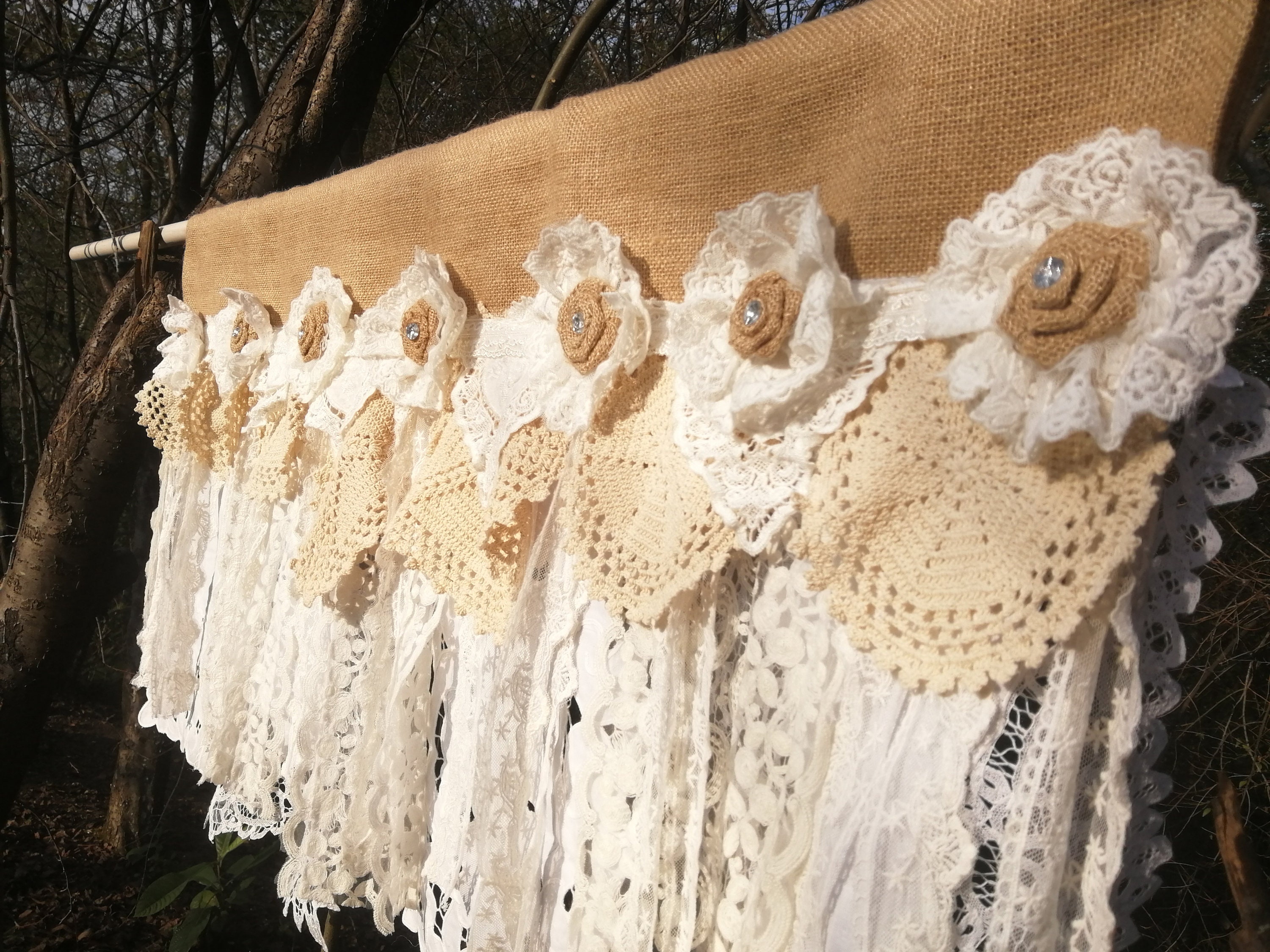 Romantic Lace Curtain Rustic burlap Kitchen Valance Burlap | Etsy