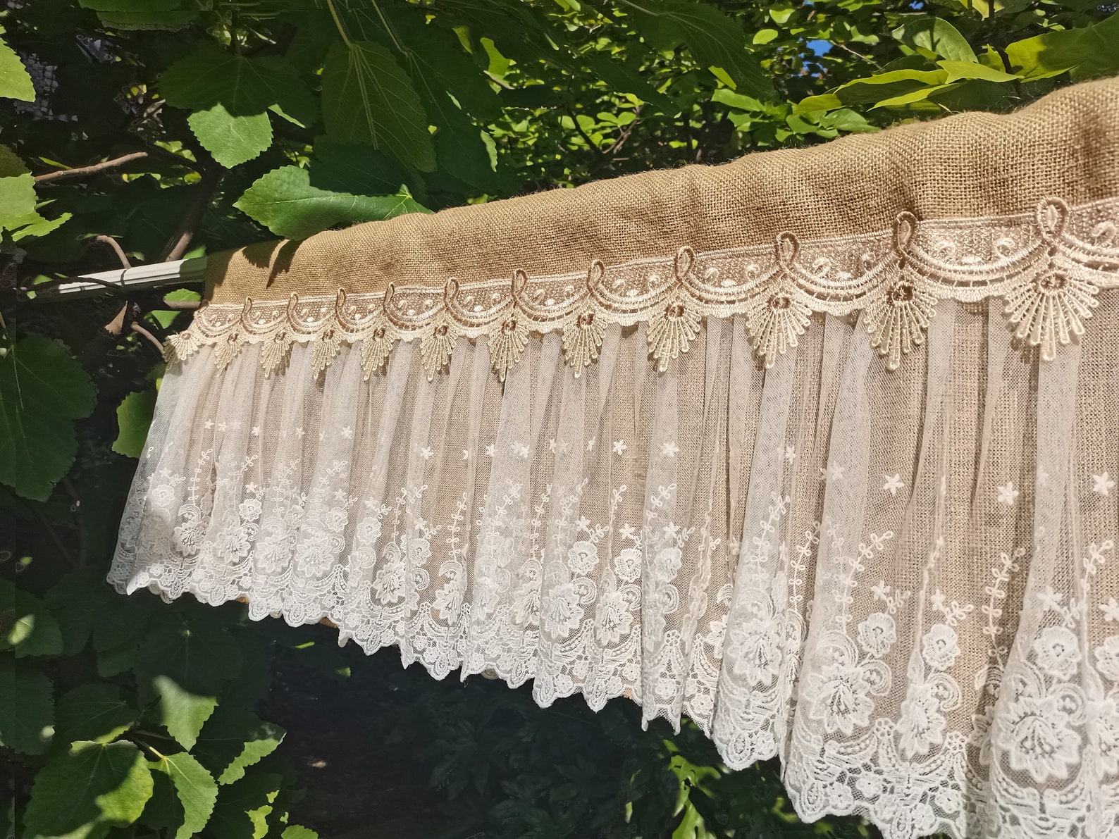 Romantic Lace Curtain Rustic Burlap Kitchen Valance Burlap Lace Decor ...