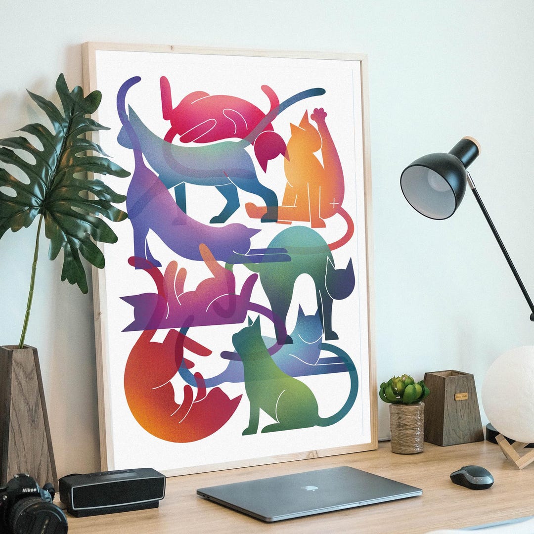 Colorful Cats Poster Original Art Print Cat Poses - Etsy