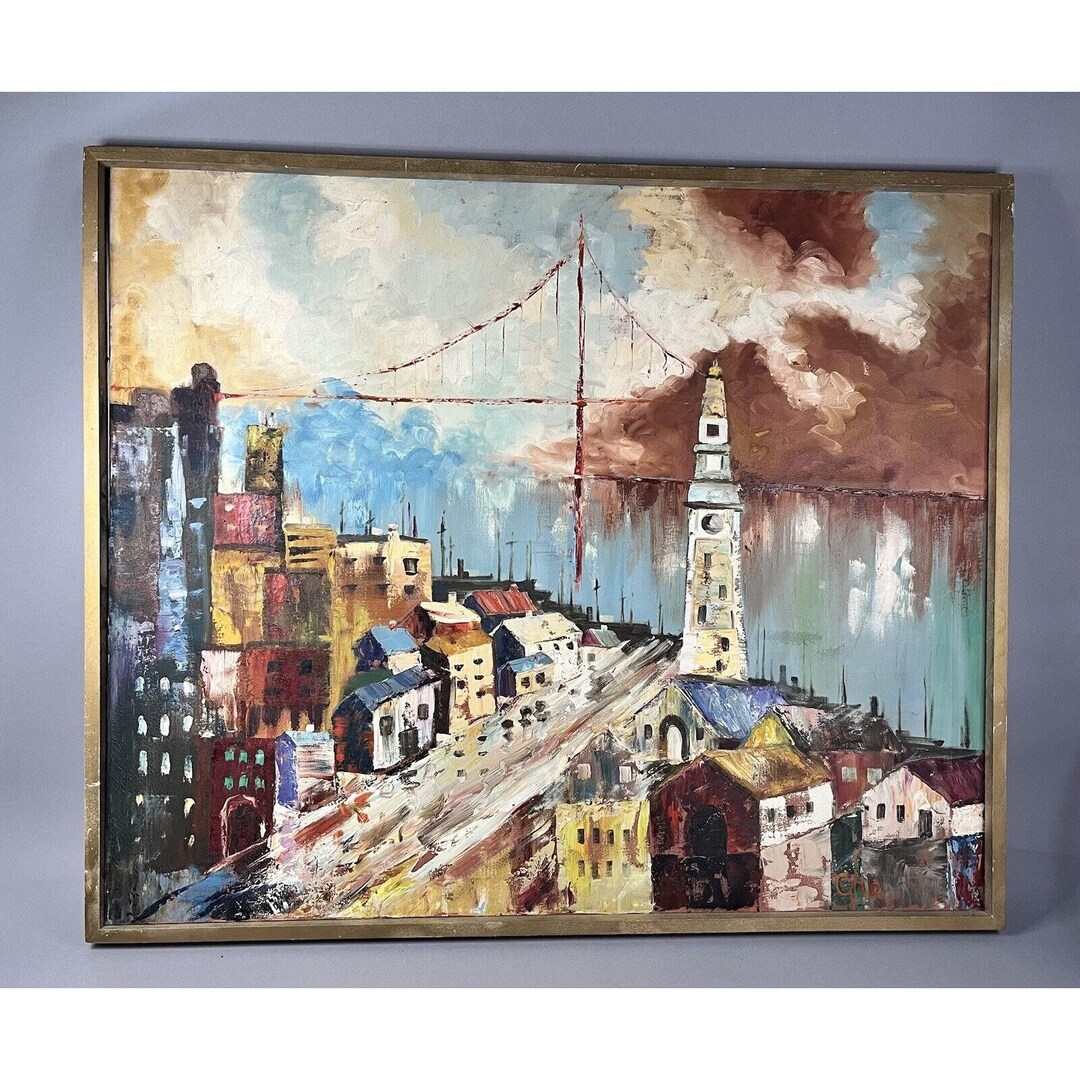 Vintage Painting Abstract Expressionism Cityscape San Francisco Bridge ...