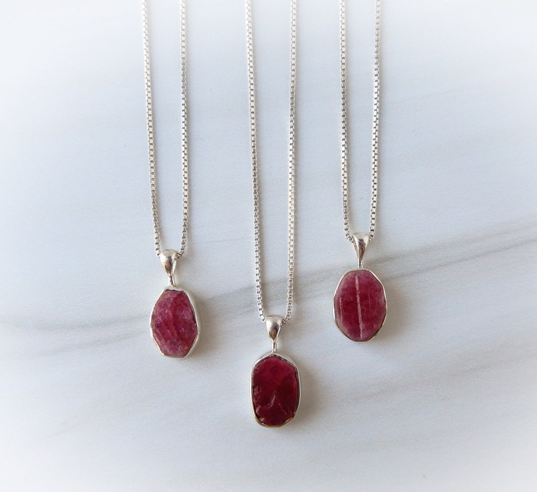Ruby Necklace Sterling Silver • Raw Ruby Pendant • Silver Ruby Necklace • Genuine Rough Ruby ...
