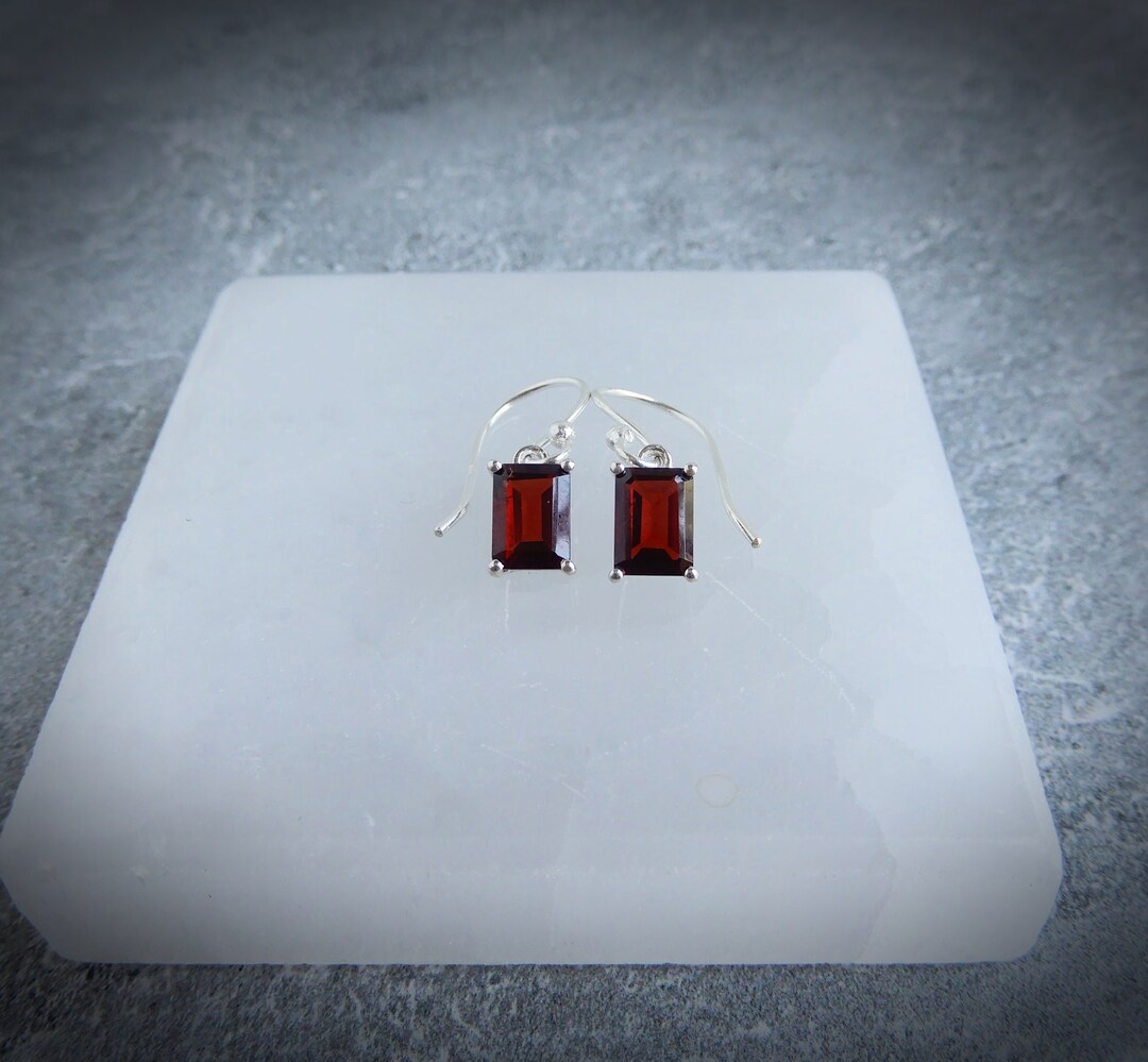 Garnet Earring, Emerald Cut Garnet, Sterling Garnet Earrings, Dark Red ...