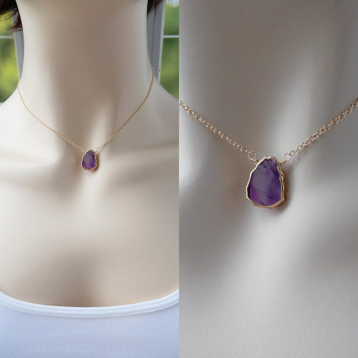 Gemstone Slice Pendant Necklace • Rough Crystal Slice • Raw Amethyst ...