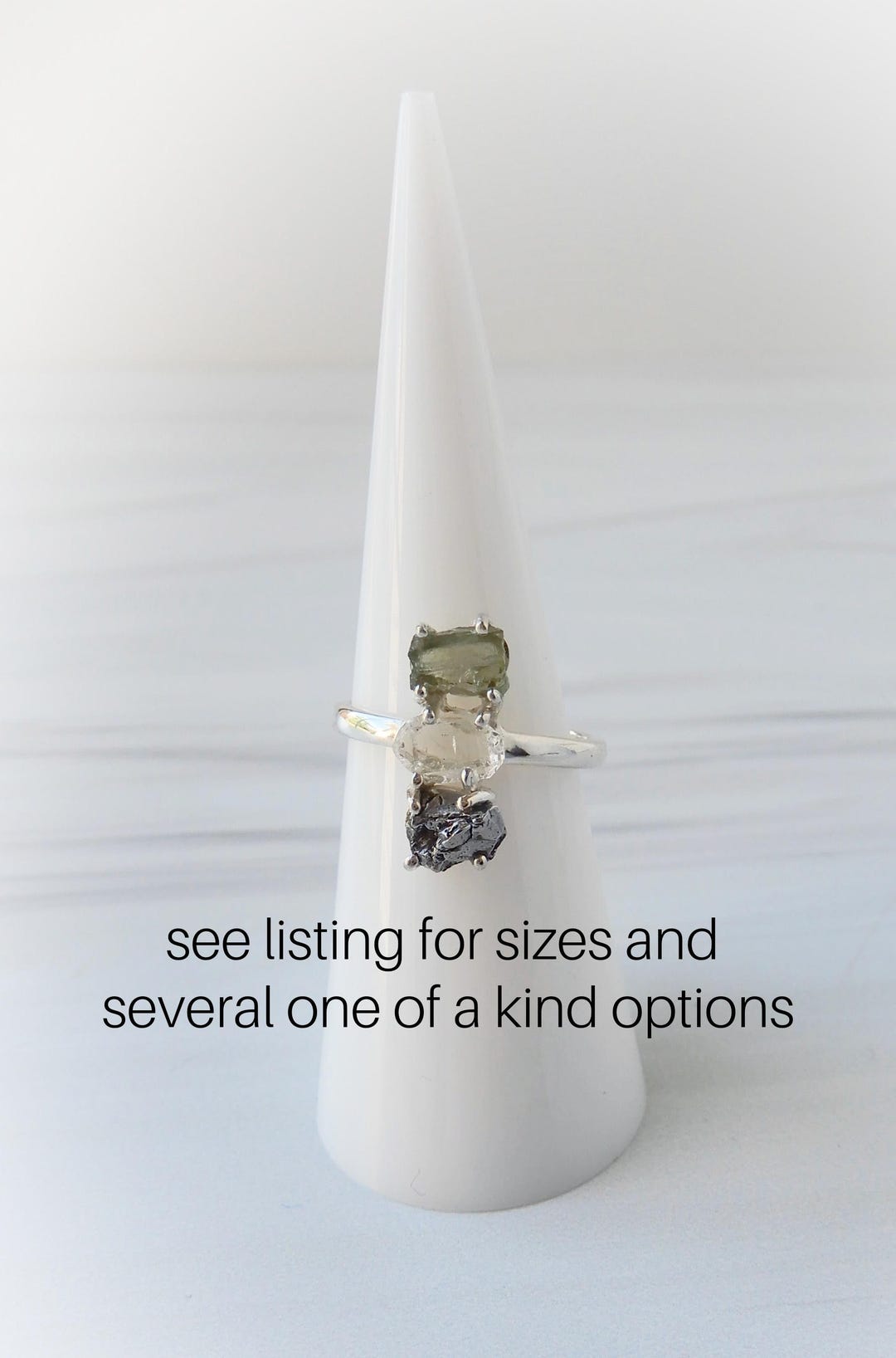 Moldavite Ring • Raw Three Stone Meteorite Ring • Sterling Silver ...