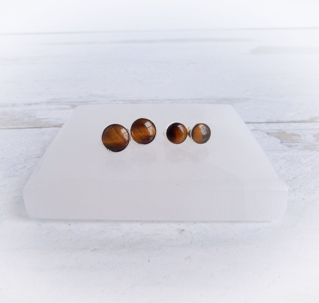 Tiger Eye Earrings Sterling Silver • Gemstone Stud Earrings • Round ...