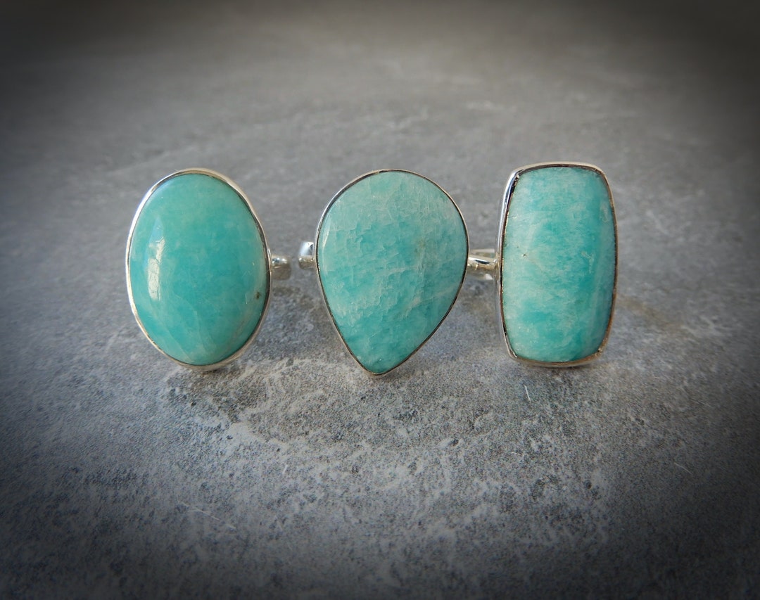 Sterling Silver Amazonite Rings • Adjustable Gemstone Rings • Blue ...