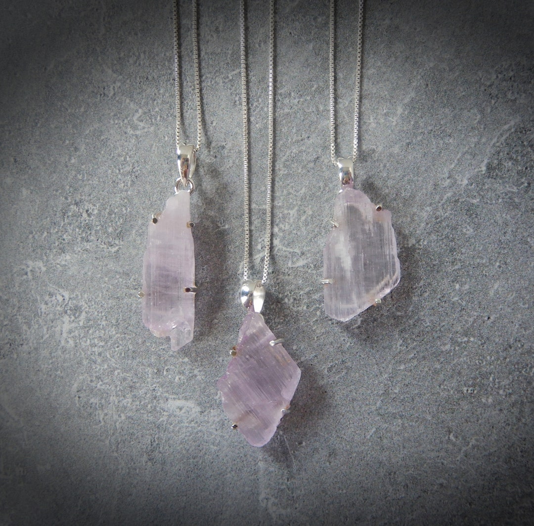 Kunzite Gemstone Necklace Sterling Silver • Raw Kunzite Pendant ...