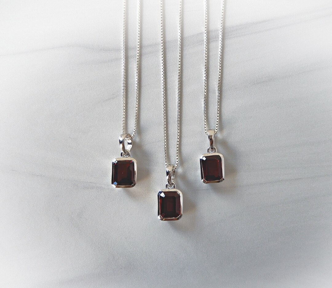 Garnet Necklace, Deep Red Gemstone Pendant, Emerald Cut Stone, Healing ...