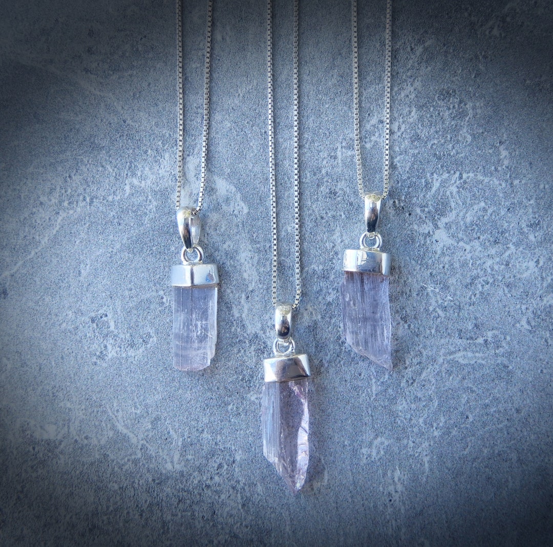 Kunzite Gemstone Necklace Sterling Silver • Raw Kunzite Pendant ...