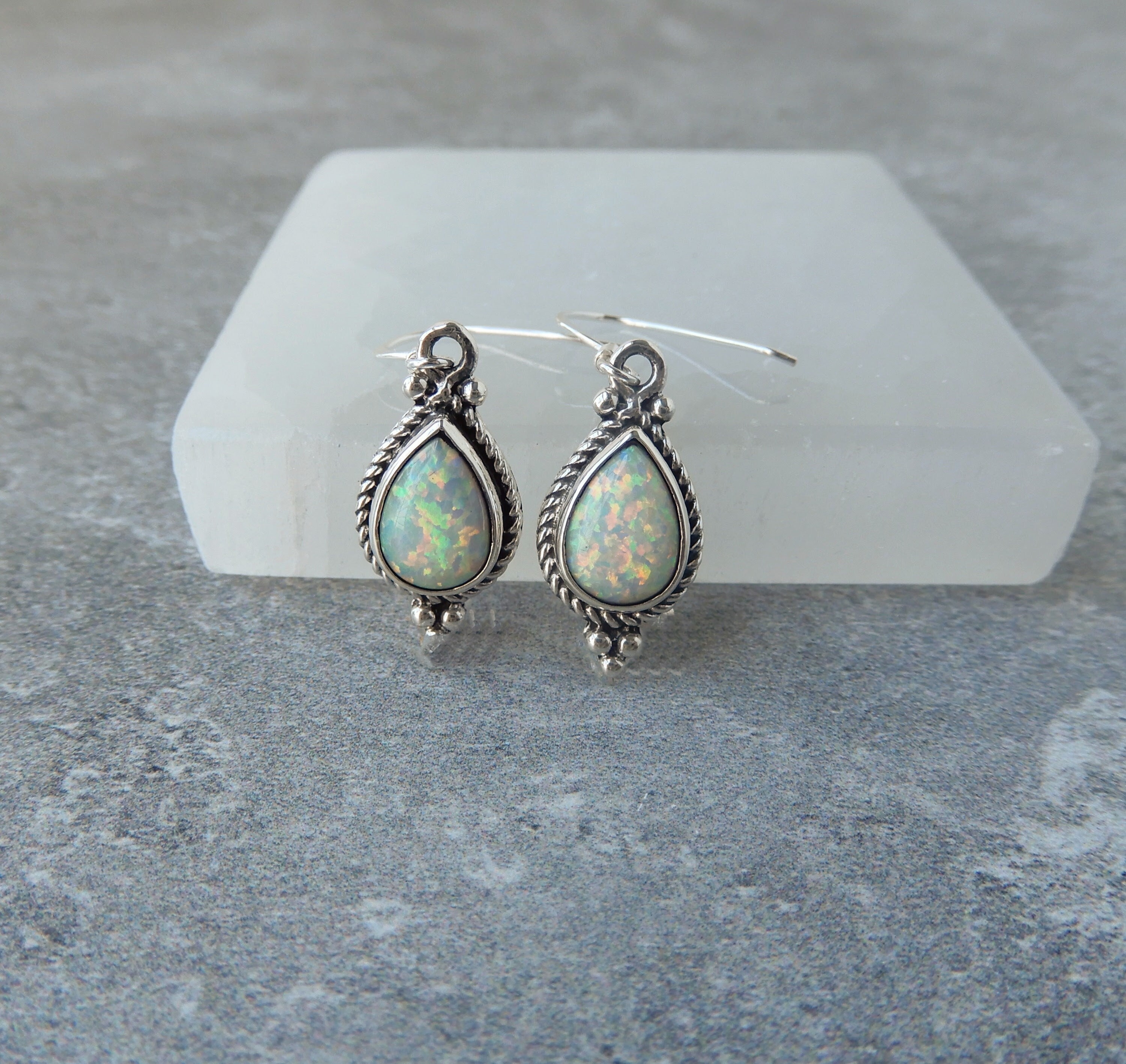 White Opal Earrings Sterling Silver • White Sparkly Flash Opal Earrings ...