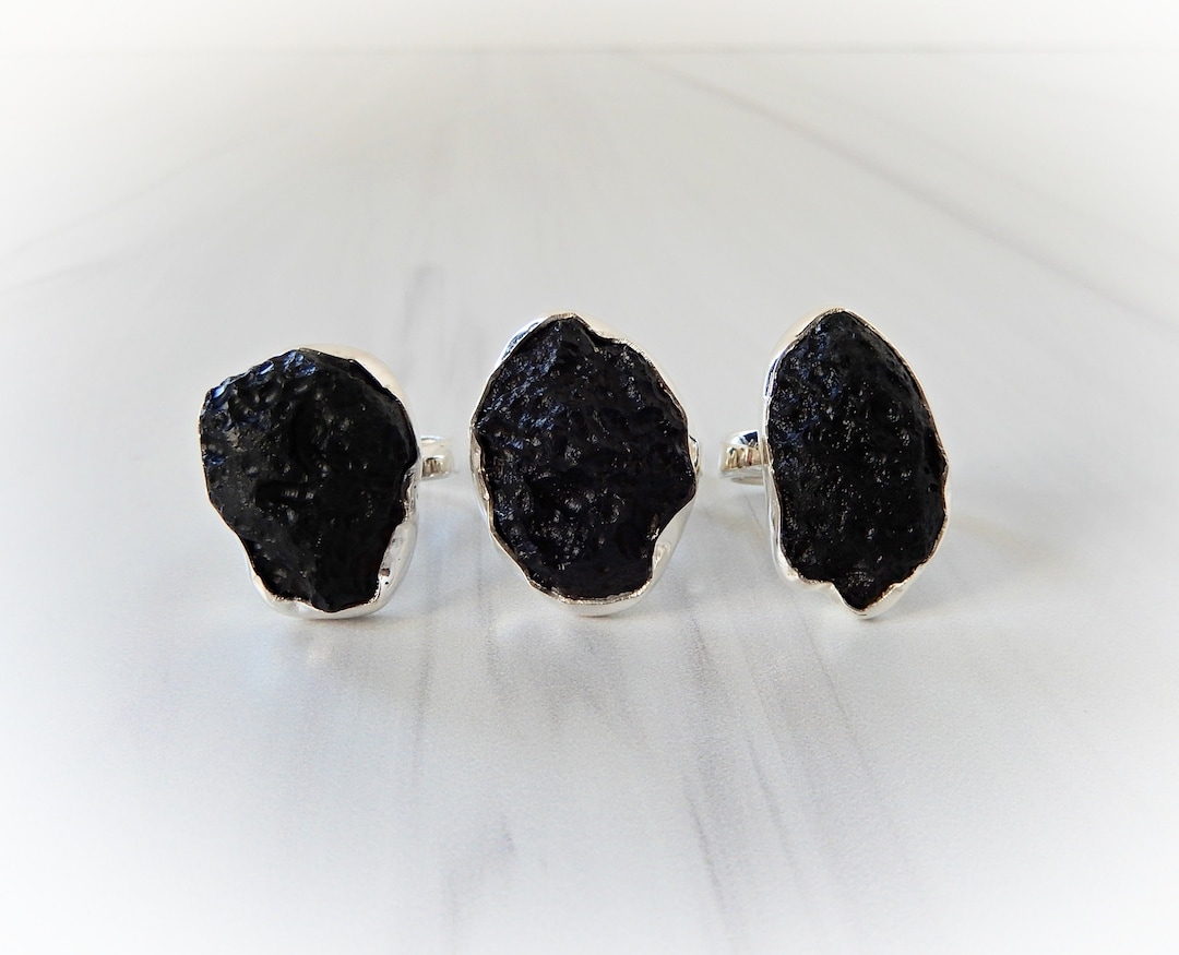 Tektite Ring Sterling Silver • Meteorite Rings • Genuine Black Tektite ...