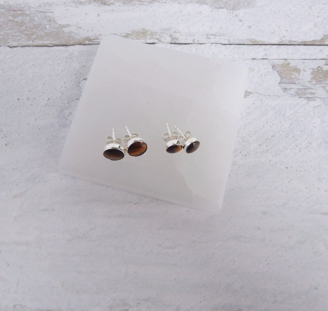 Tiger Eye Earrings Sterling Silver Gemstone Stud Earrings | Etsy