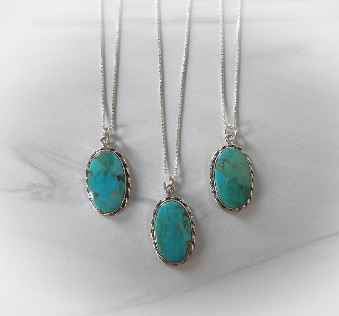 Genuine Turquoise Necklace • Sterling Silver Turquoise Pendant • Blue ...