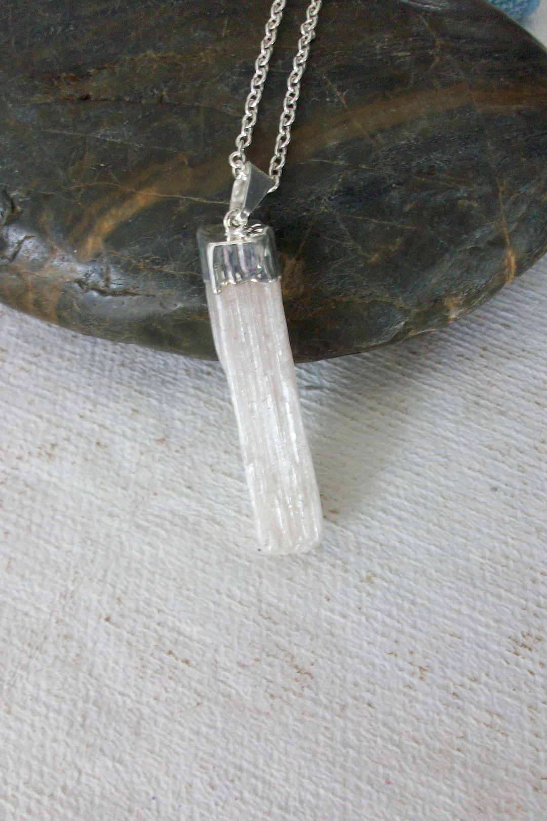 Selenite Necklace Sterling Silver • White Selenite Pendant • Gemstone ...
