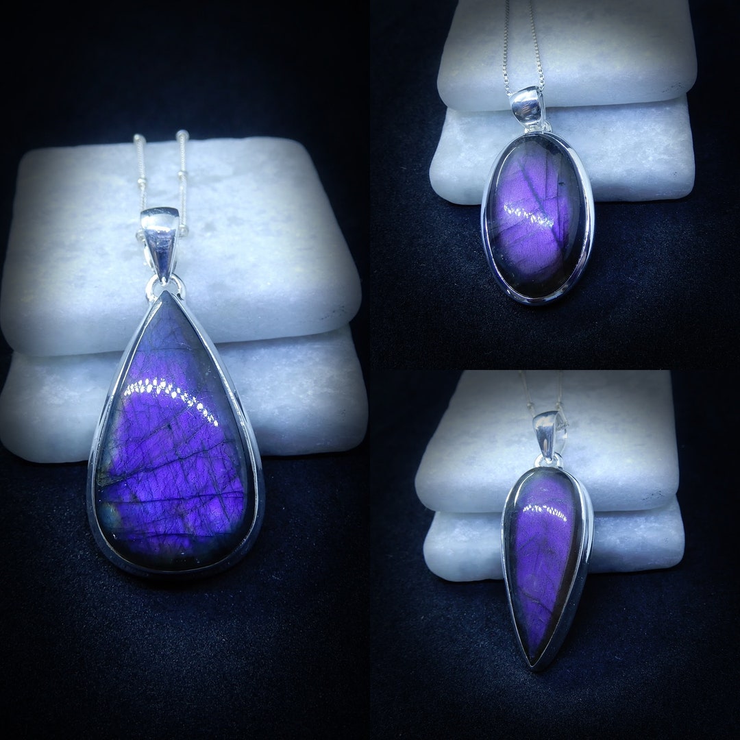 Purple Labradorite Necklace, Sterling Labradorite Pendant, Purple Flash ...