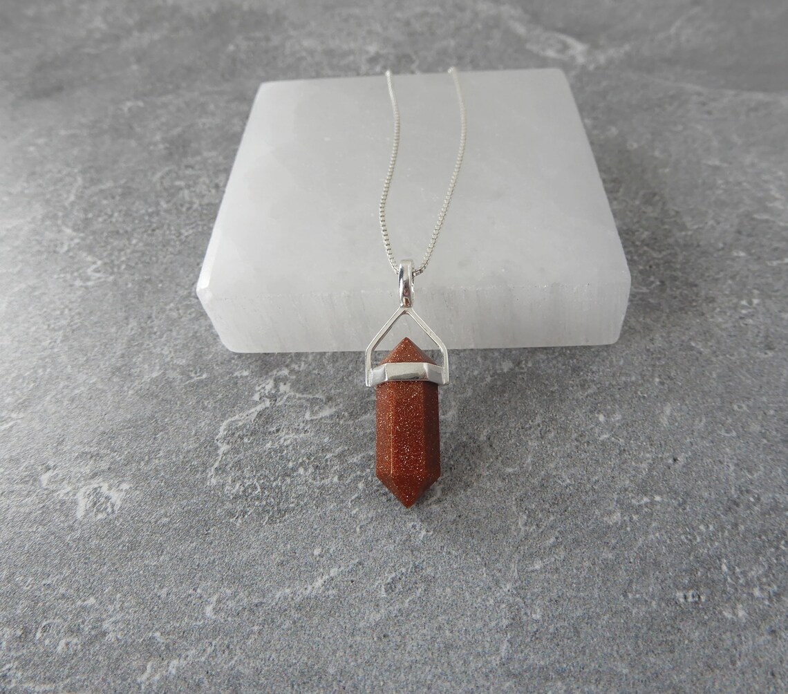 Goldstone Necklace Sterling Silver • Gold Sandstone Point • Gemstone ...