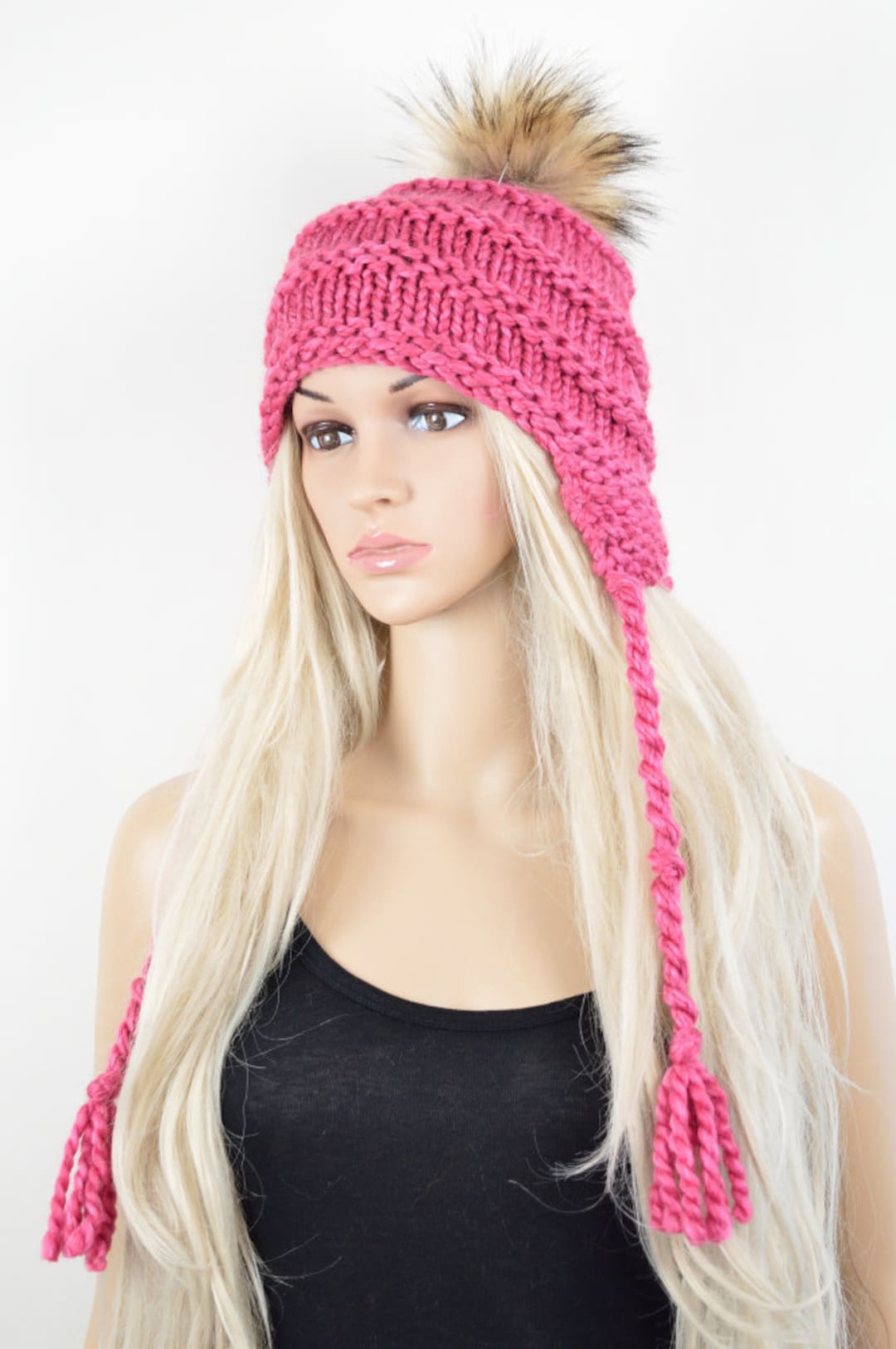 Handmade Knit Chullo Hat: Hot Pink Wool-acrylic Earflap With Pom - Etsy