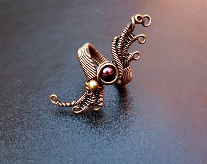 Copper Wire-wrapped Winged Statement Ring With Burgundy Cultured Pearl ...