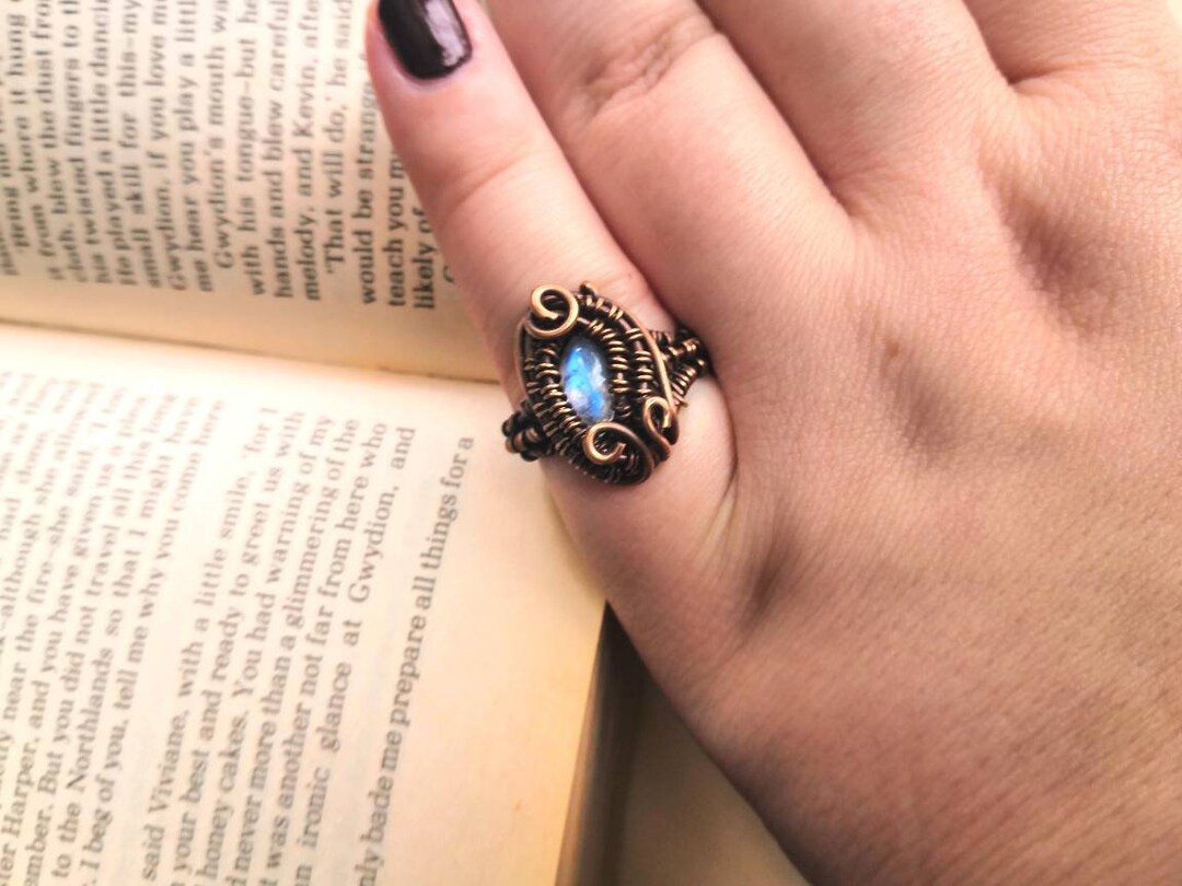 Wire-wrapped Copper & Rainbow Moonstone Ring - Gothic, Blue Fire - UK ...