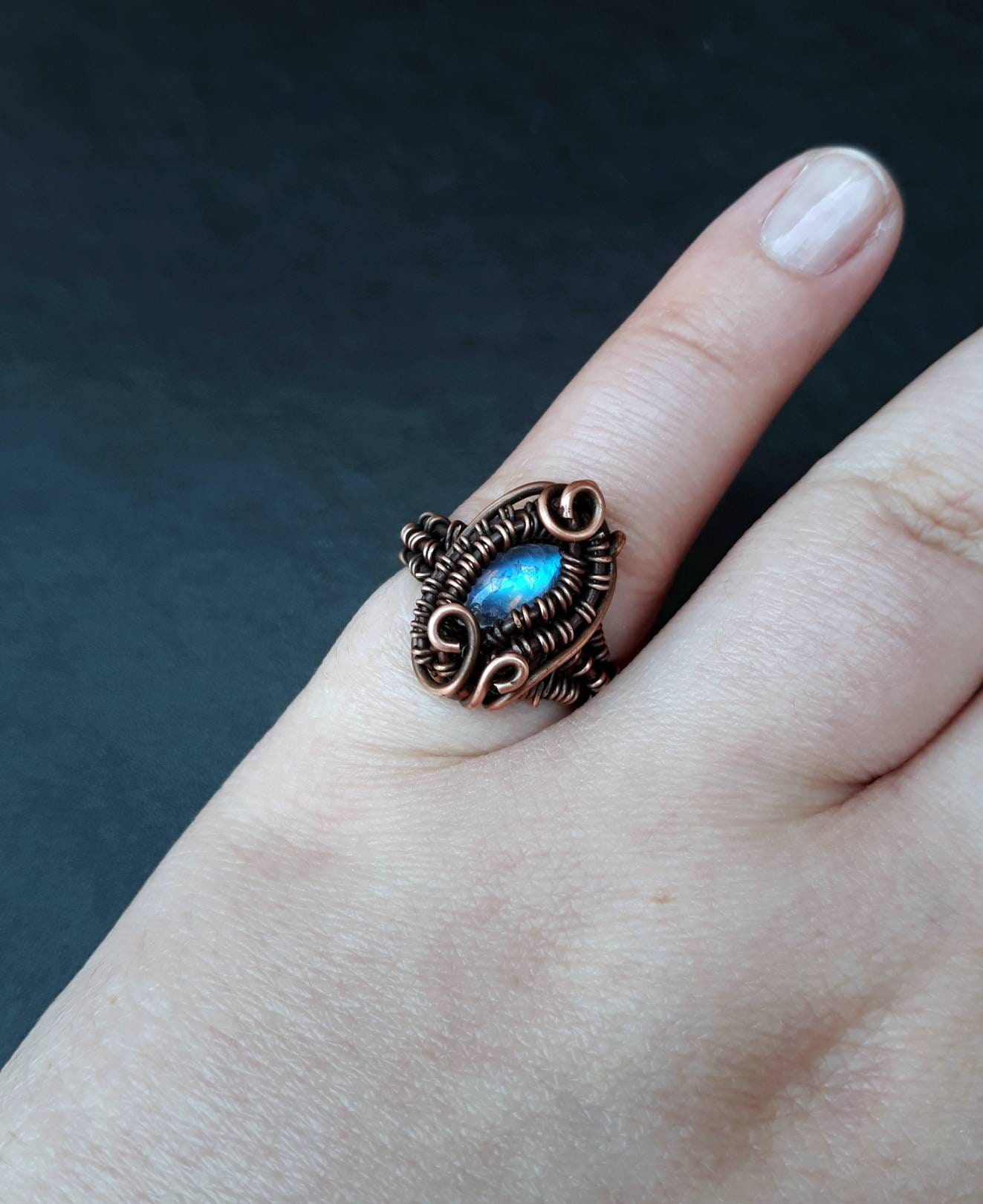 Wire-wrapped Copper & Rainbow Moonstone Ring Gothic Blue | Etsy UK
