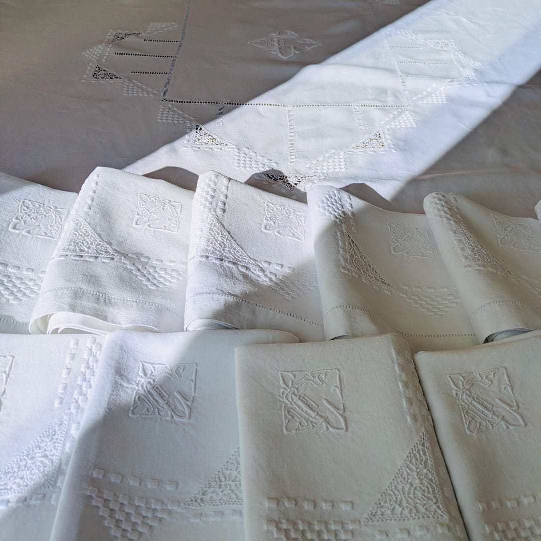 Rare 1920s French Art Deco Linen Tablecloth & Napkins – Extra Long ...