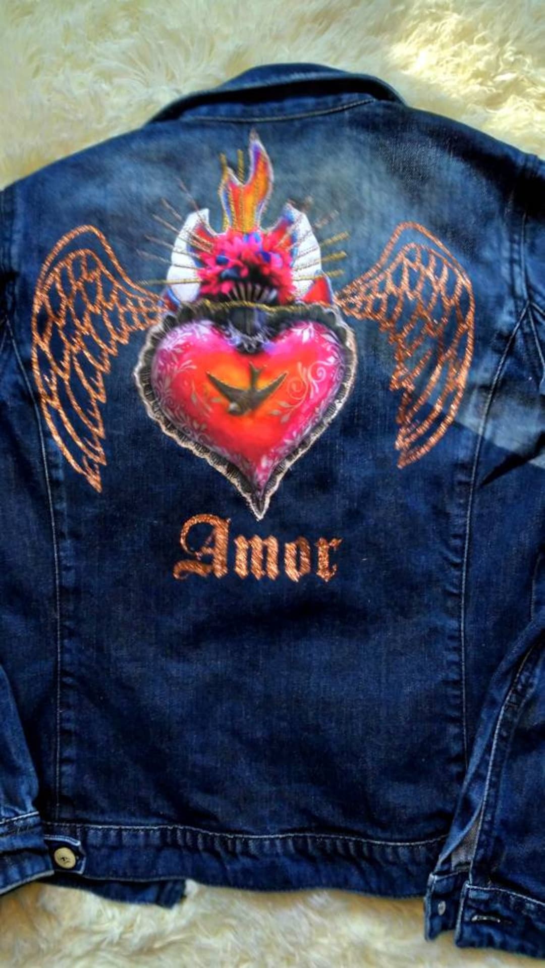 Custom Jean Jacket With Amor Corazon Sagrado in Glitter Rose Gold and ...
