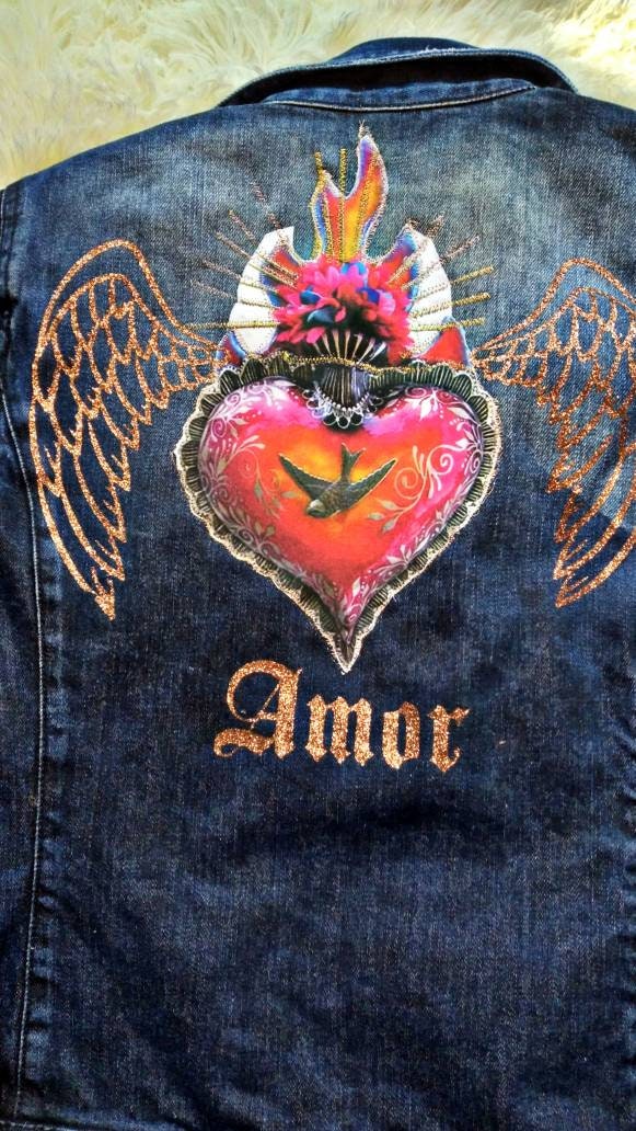 Upcycled Custom Jean Jacket With Amor Corazon Sagrado in Glitter Rose ...