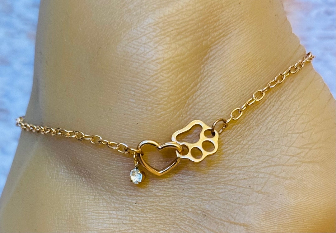Anklet/paw Print Anklet/gold Paw Print and Heart Anklet/gold Dog Paw ...