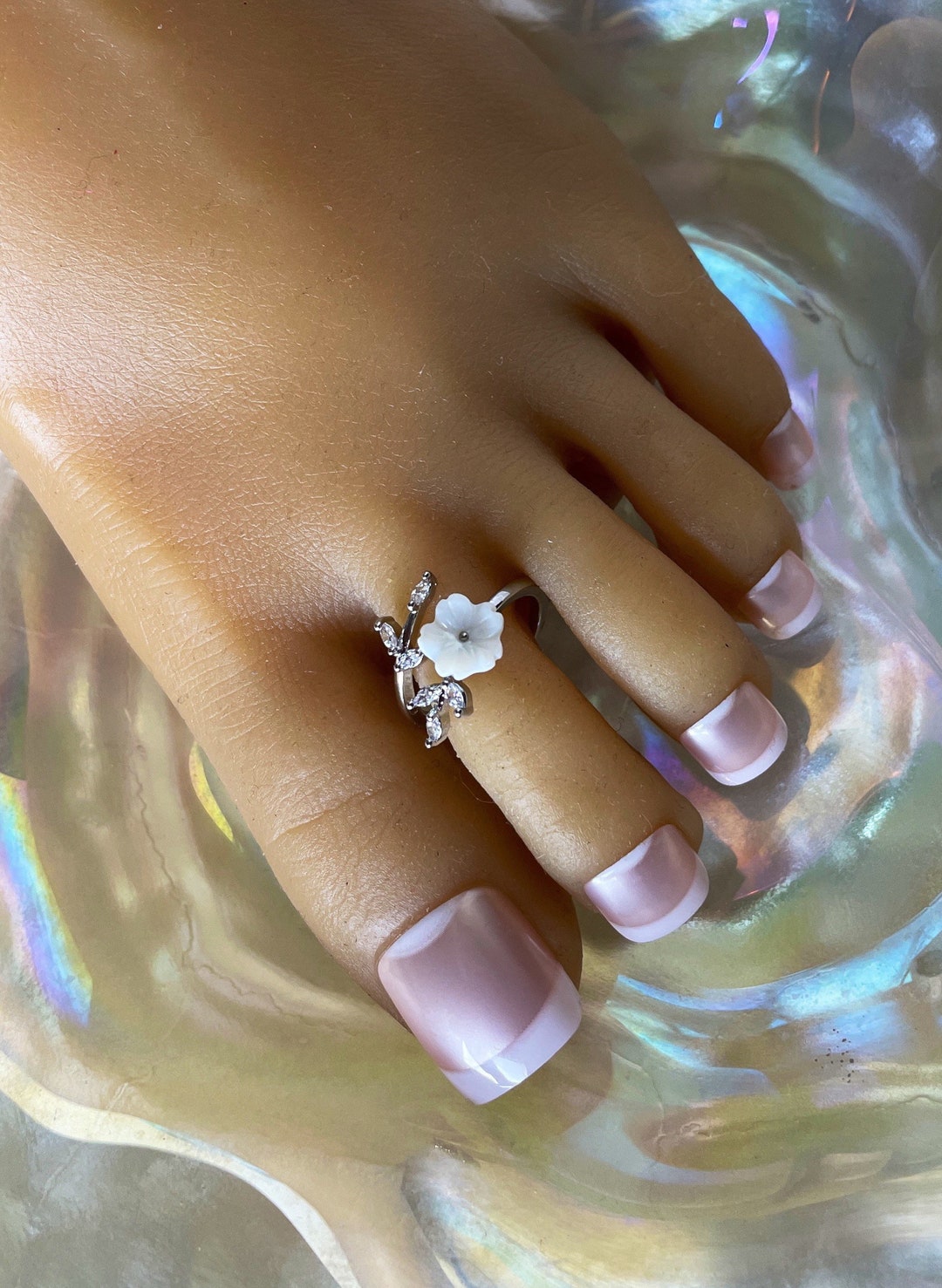 Toe Ring/flower Toe Ring/crystal Vine Toe Ring/white Shell Flower Toe Ring/silver Toe Ring ...