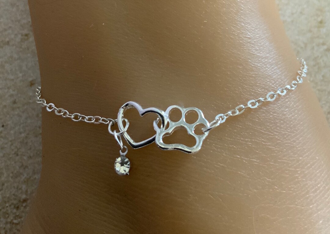 Anklet/paw Print Anklet/silver Paw Print and Heart Anklet/silver Dog ...