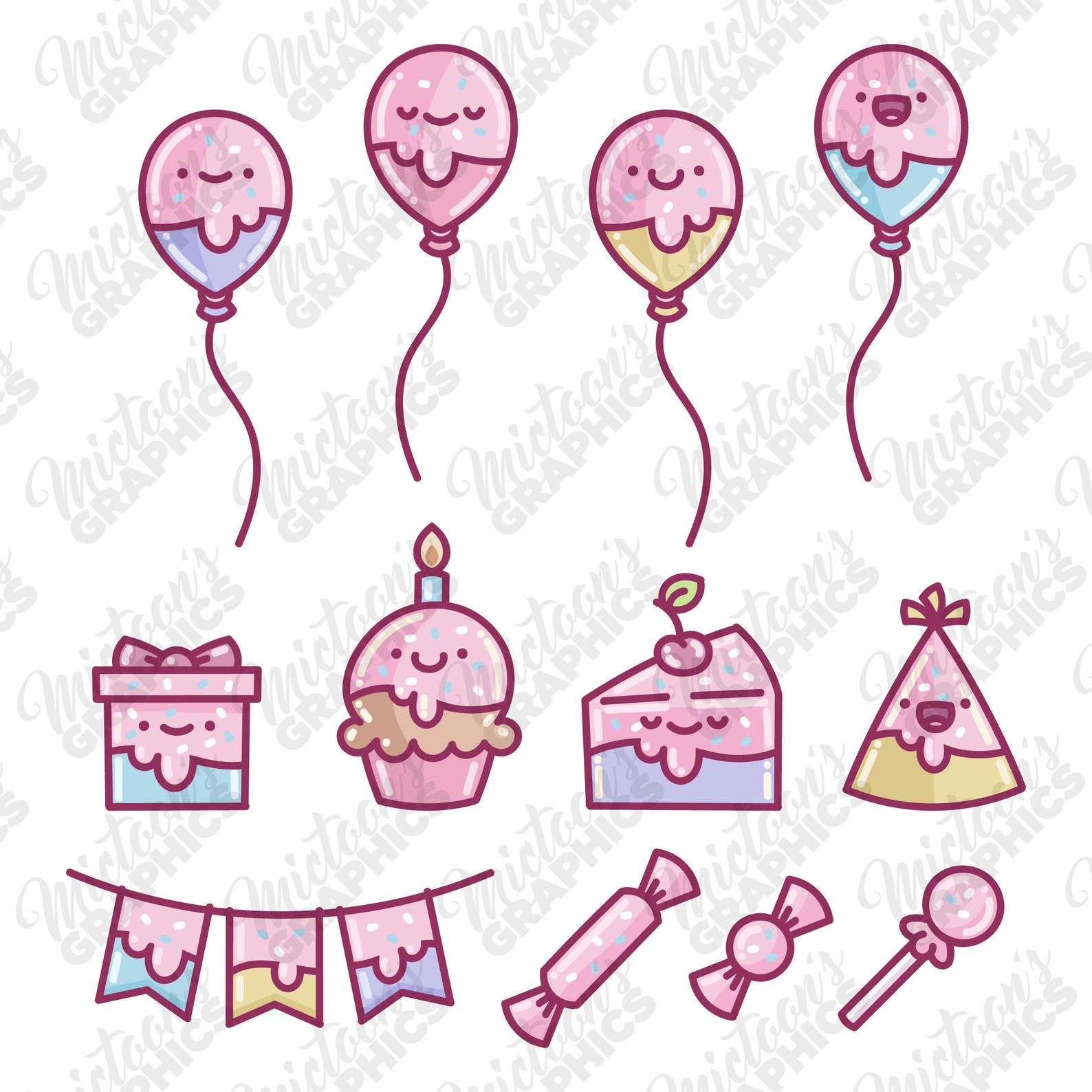 Kawaii Cute Birthday Cake Party Clipart Eps And Png Illustrations For Instant Download Etsy
