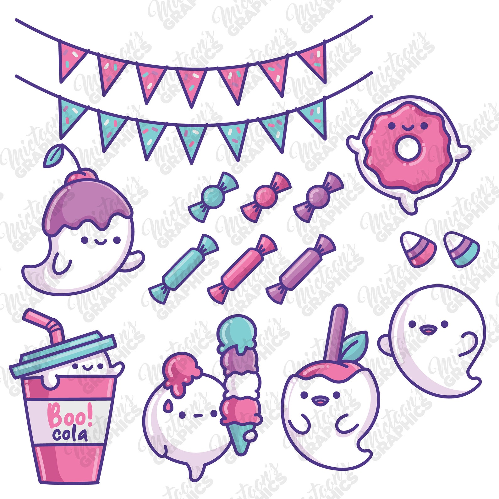 Kawaii Halloween Birthday Candy Ghost Clipart - Vector EPS PNG Digital ...