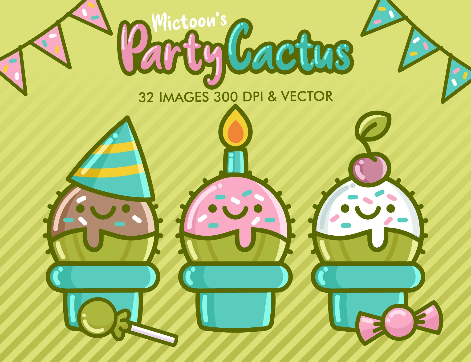 Kawaii Happy Birthday Party Cactus Cake Candy Clipart - Cute Succulent ...