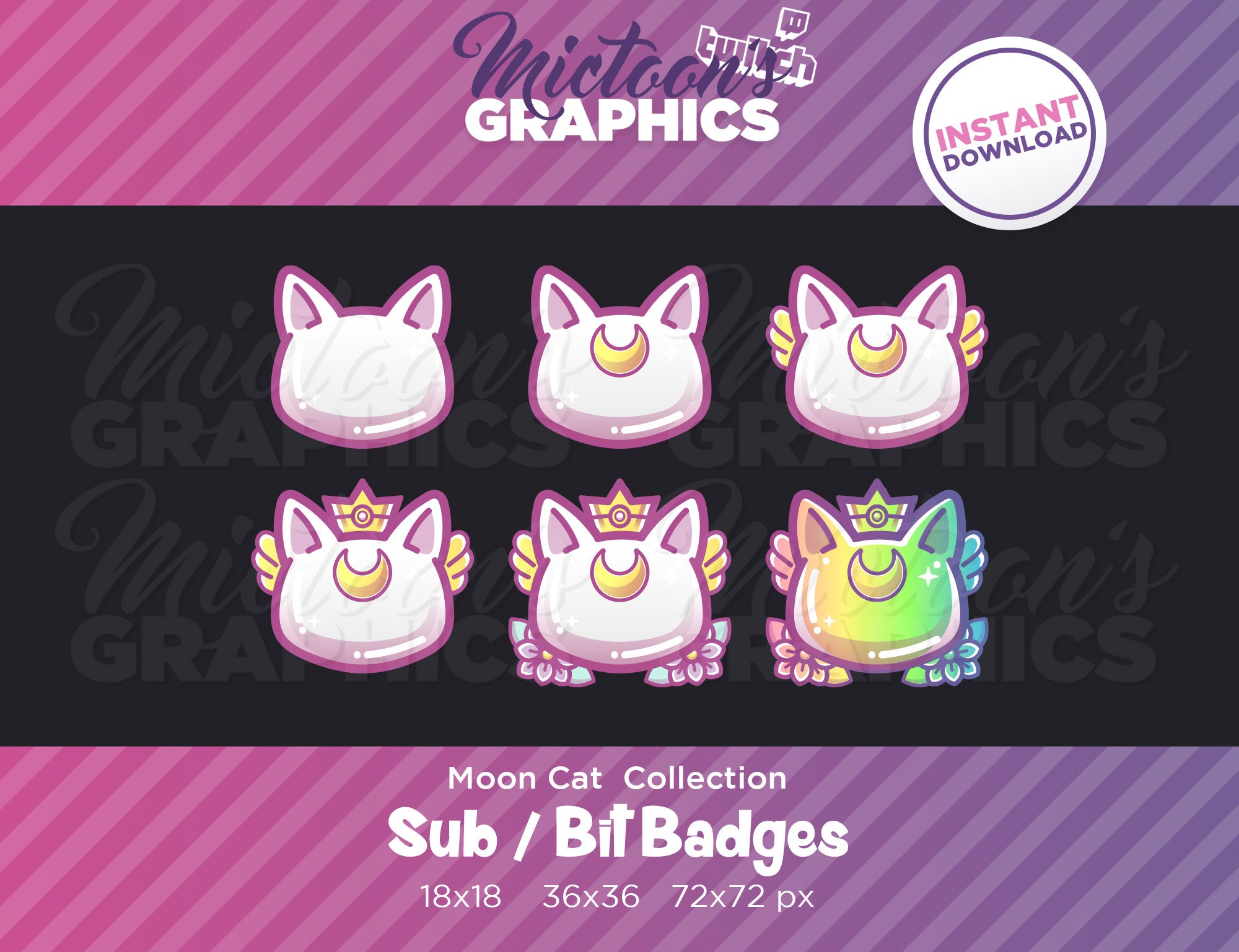 Twitch Kitty Cat Moon Emblem Collection / Sub Badges / Cheer Bit Badges ...