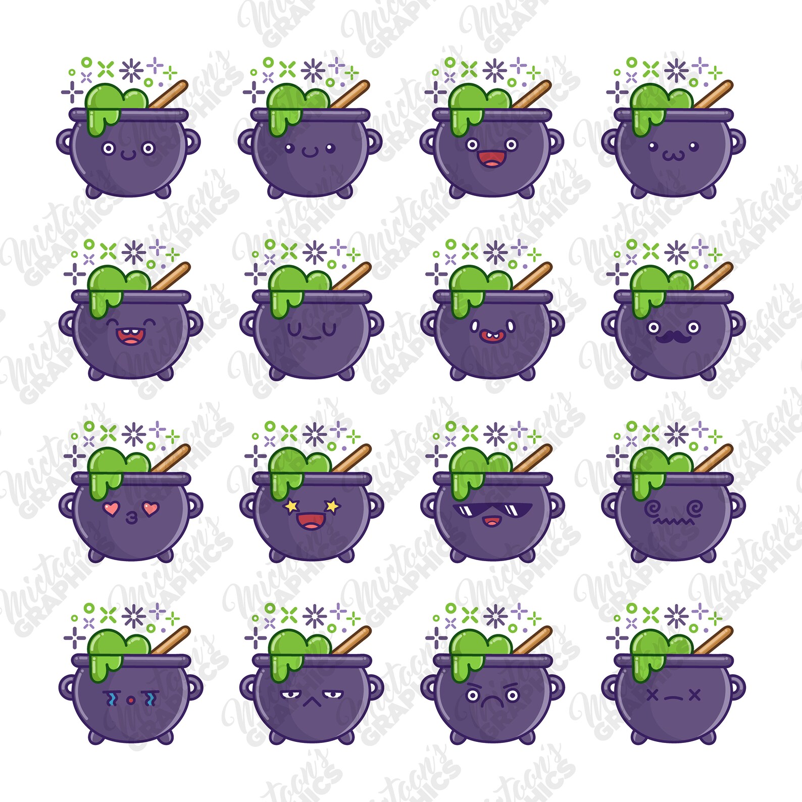 Kawaii Halloween Emoji Witch Cauldron Clipart - Cute Halloween Witch ...