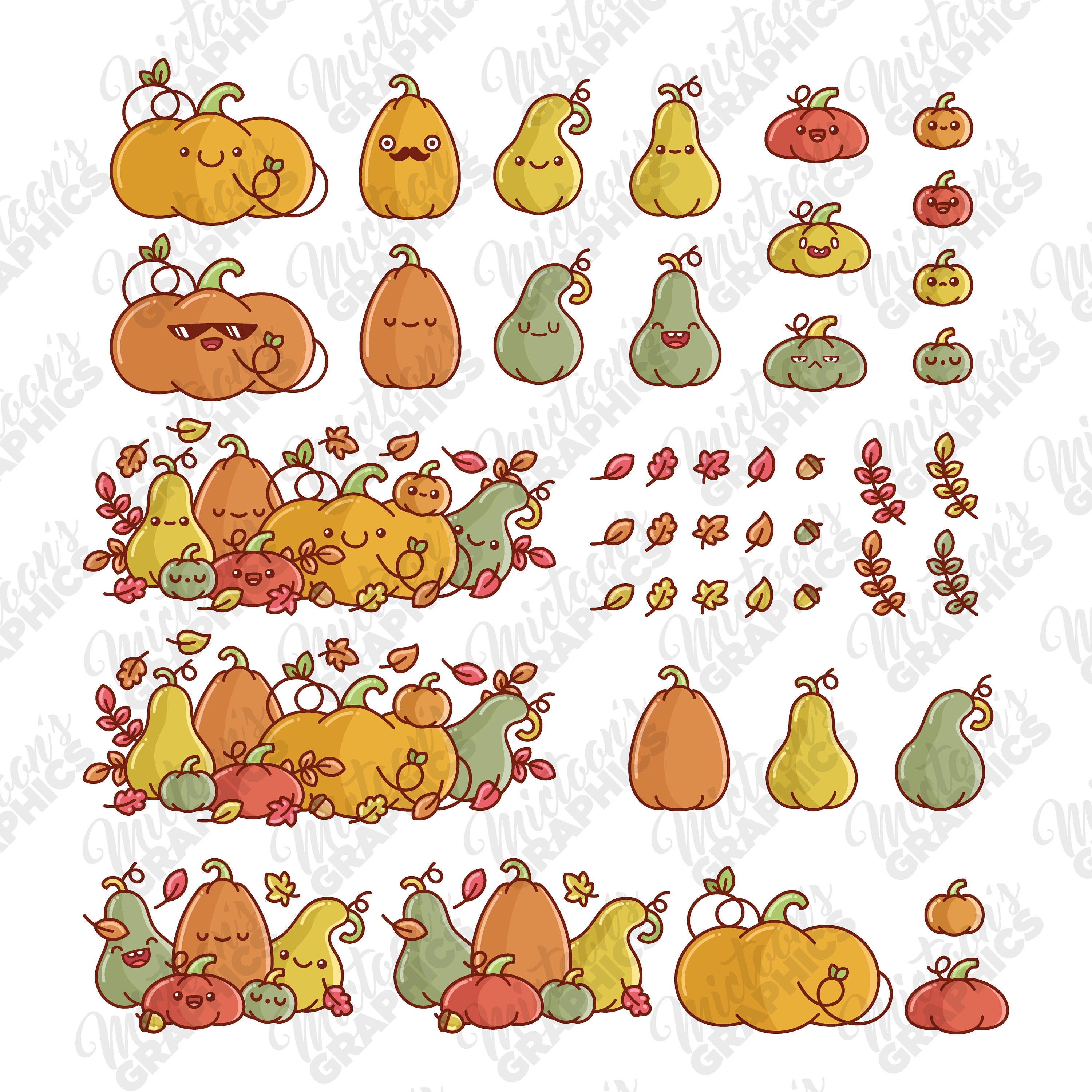 Kawaii Autumn Fall Pumpkins Gourds Harvest Clipart - Cute Pumpkins PNG ...