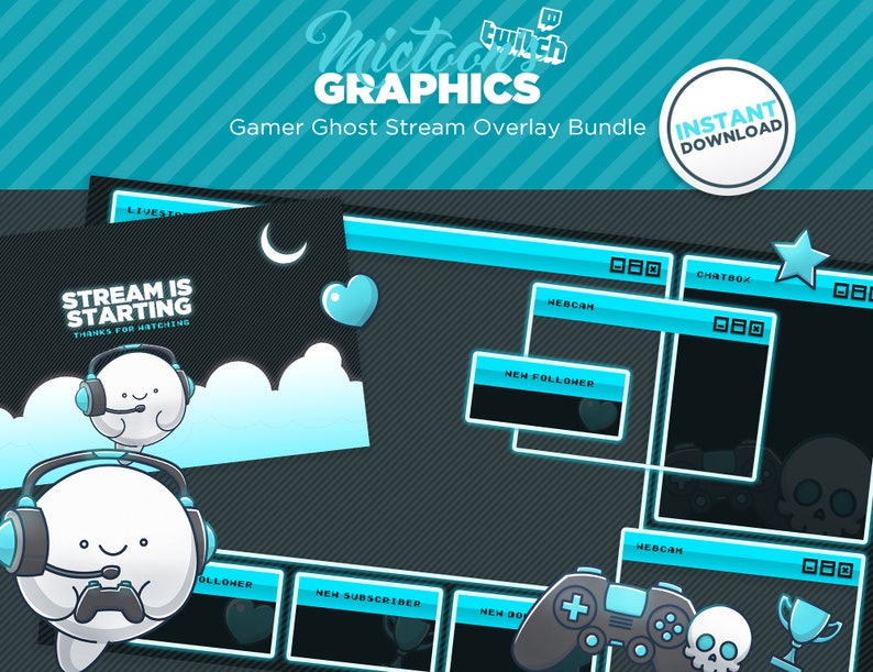 Twitch Gamer Ghost Stream Overlay / Kawaii / Cute / Streamer Graphics ...
