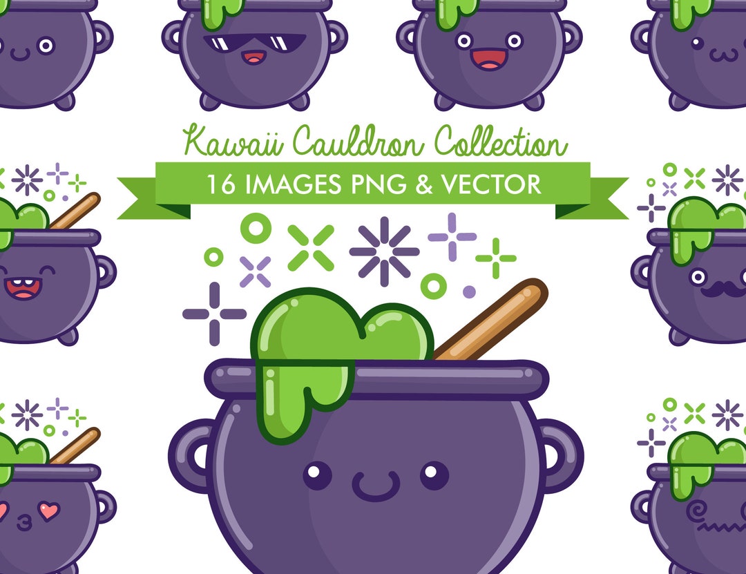 Kawaii Halloween Emoji Witch Cauldron Clipart - Cute Halloween Witch ...