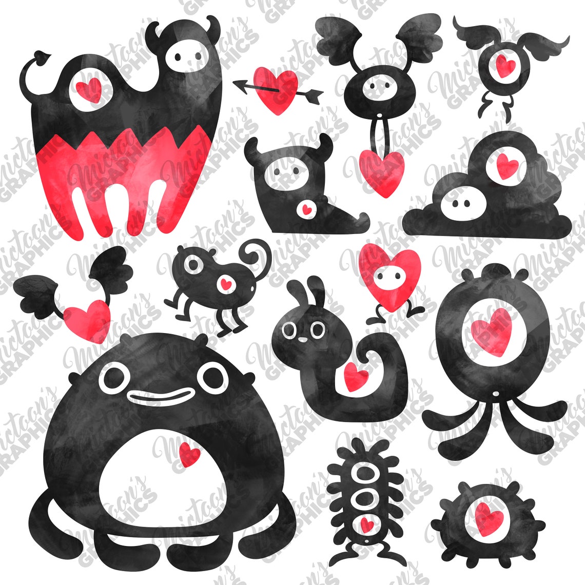 Valentines Love Monsters - Clip Arts - PNG - Digital Instant Download ...
